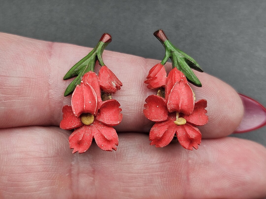 Antique 1930s Red Gentian Flower Clip on Celluloid Earrings - Etsy