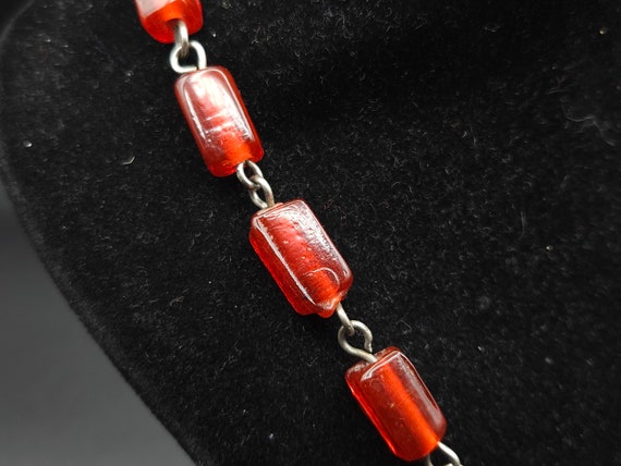 Antique Pressed Red Glass Oblong Cubed Beaded Necklace - Gem