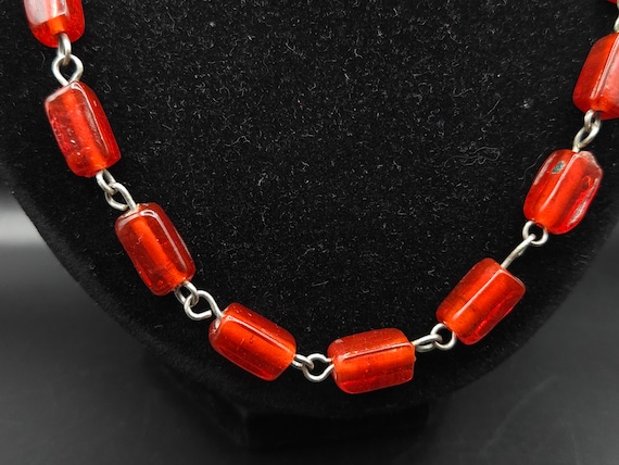 Antique Pressed Red Glass Oblong Cubed Beaded Necklace - Gem