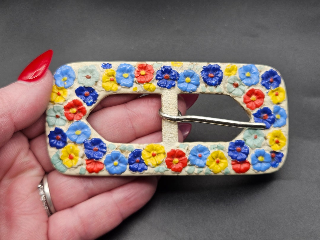 Antique 1930s Pretty Painted Floral Buckle Large Celluloid Papier Mache ...