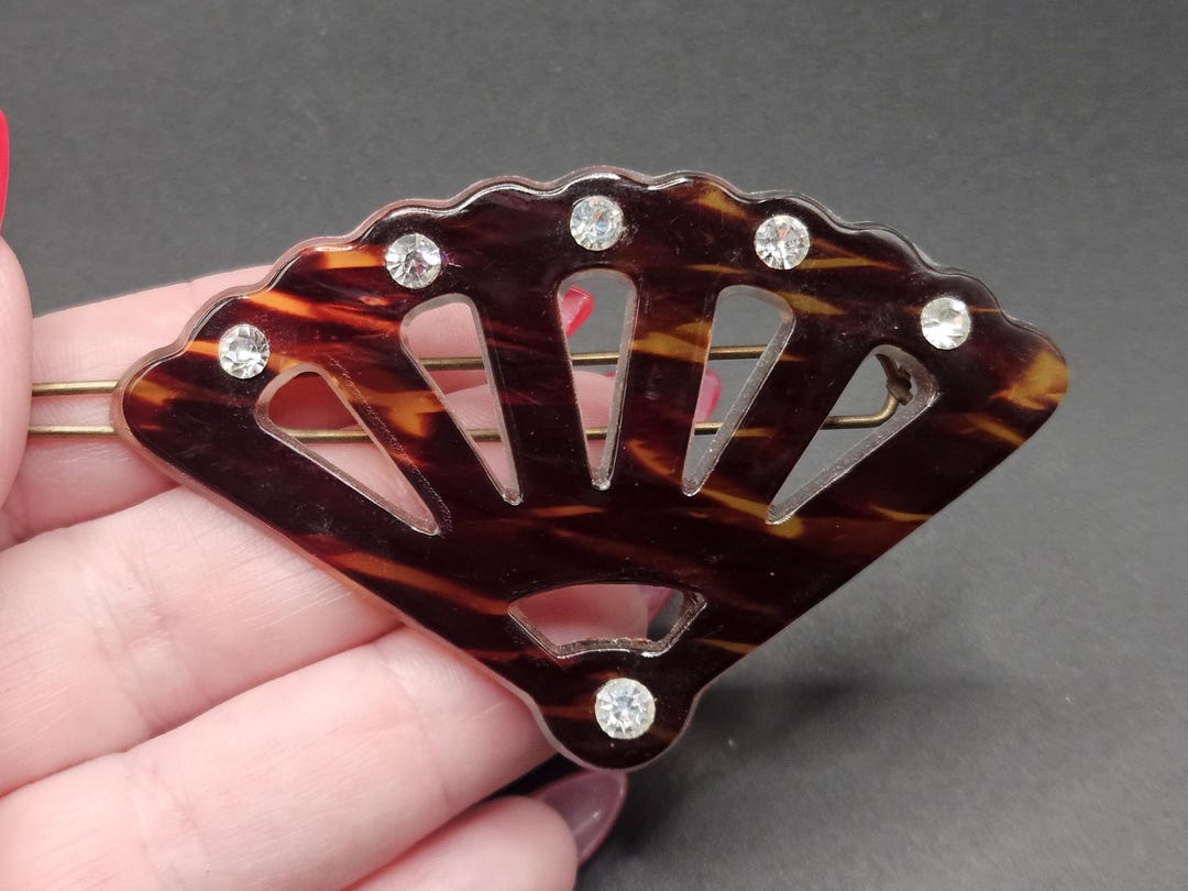 Vintage 1950s Mid Century Torty Celluloid & Paste Art Deco Style Fan ...