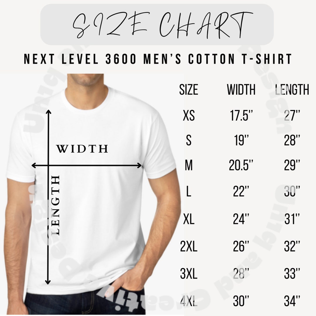 Men's Next Level 3600 Size Chart Next Level 3600 Size Guide Next Level ...
