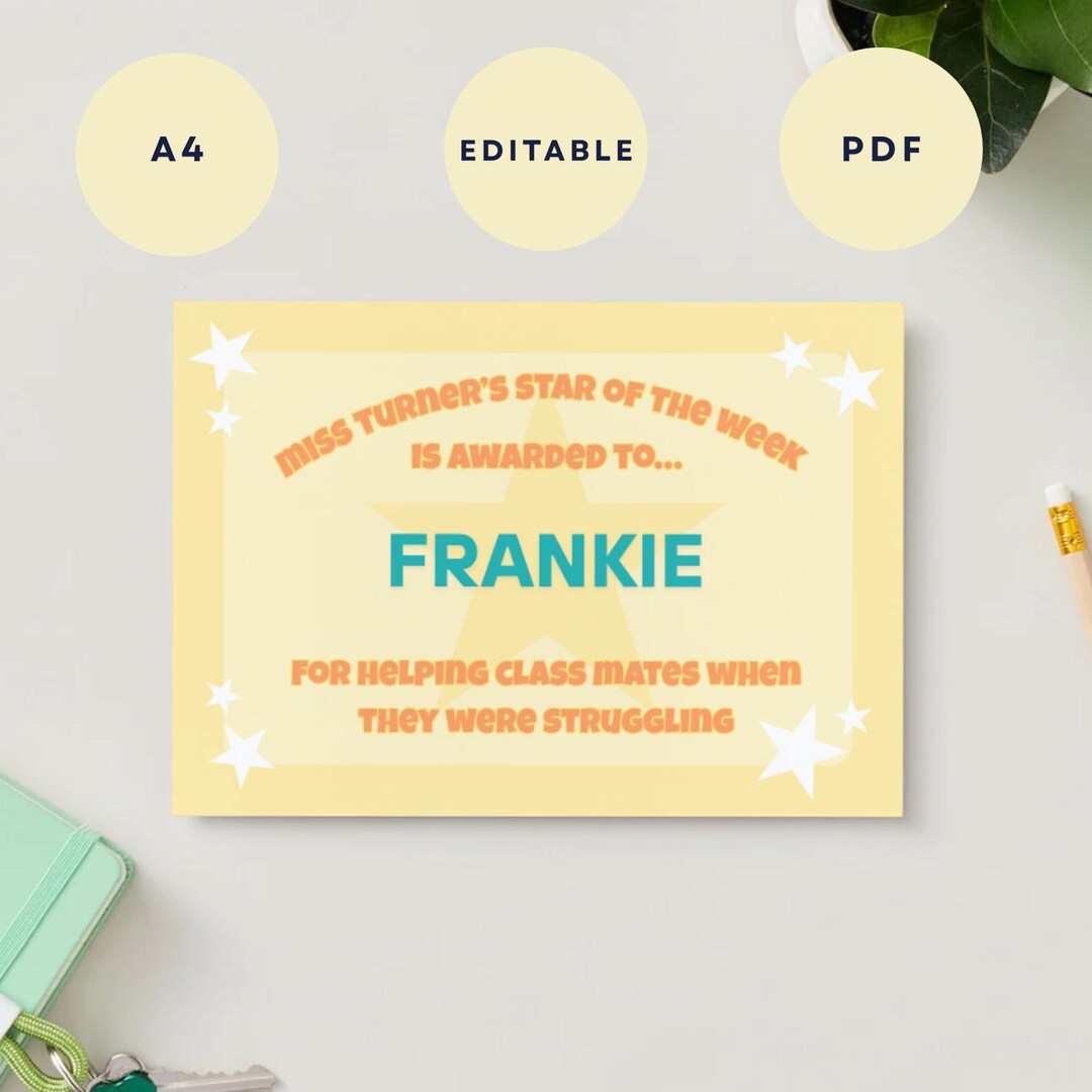 Editable Star of the Week Certificate Template for Teachers – Printable ...