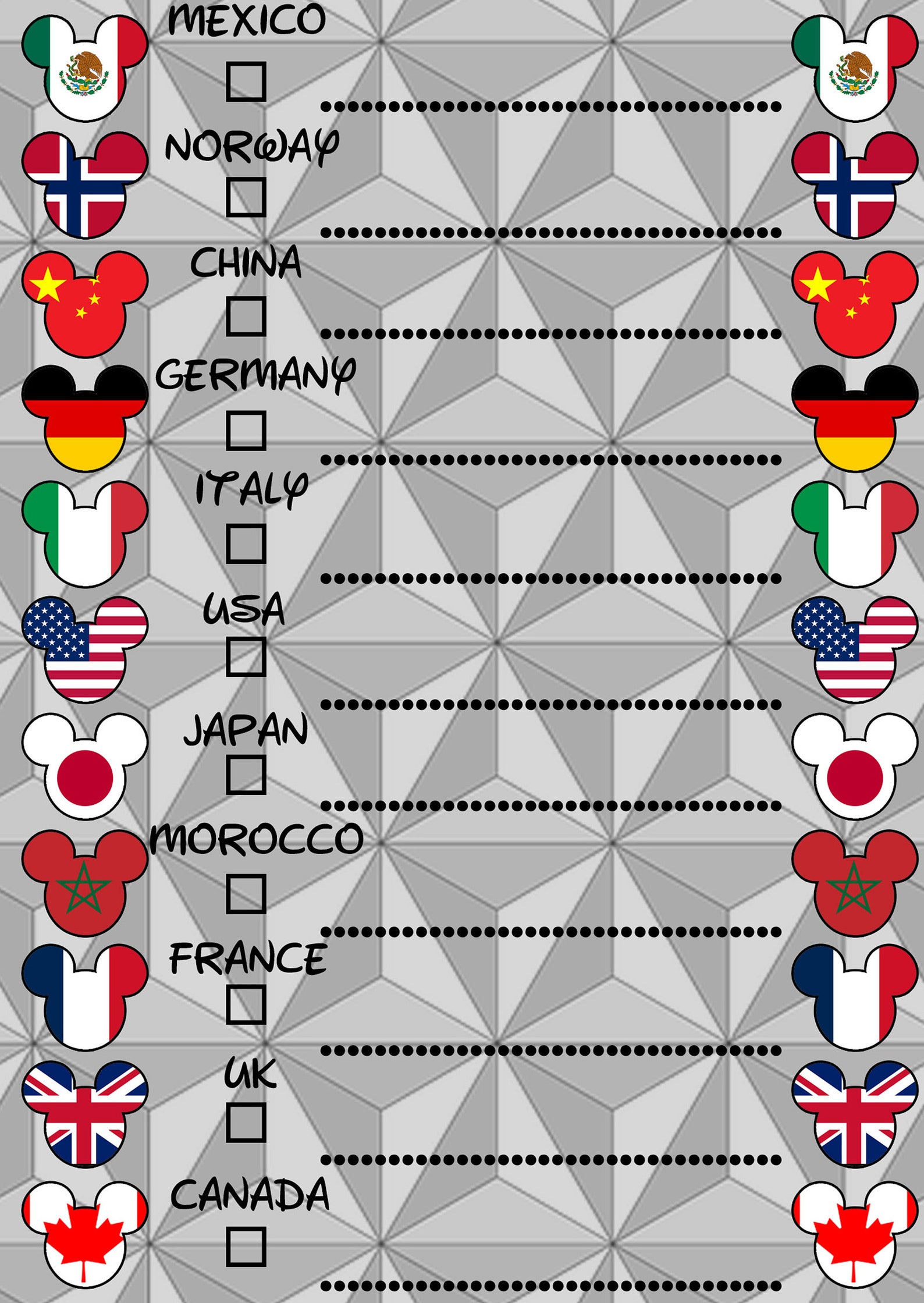 Drink Around the World Mickey Checklist, Printable Card - INSTANT ...