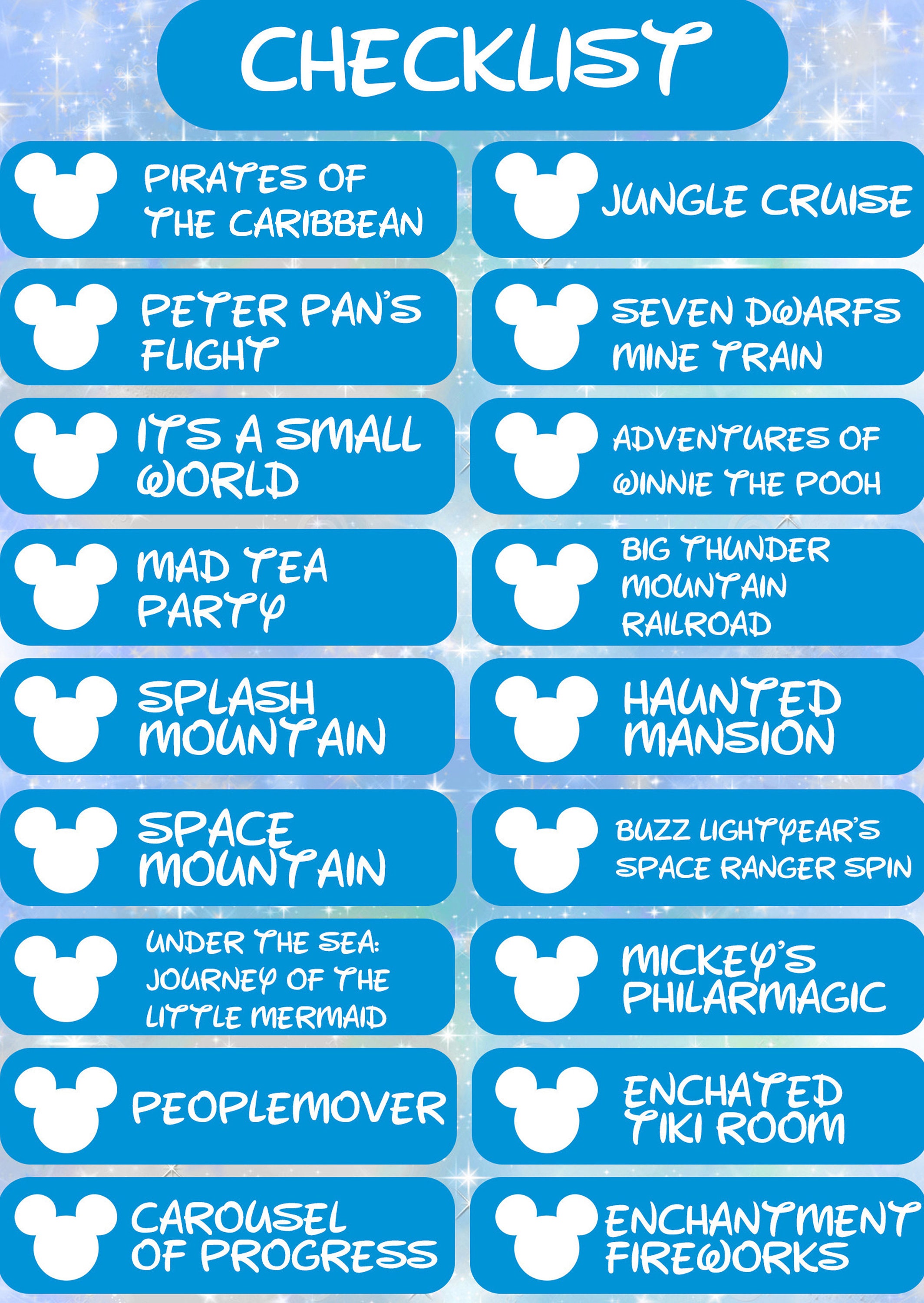 Magic Kingdom Checklist, Printable Card - INSTANT DOWNLOAD - Etsy