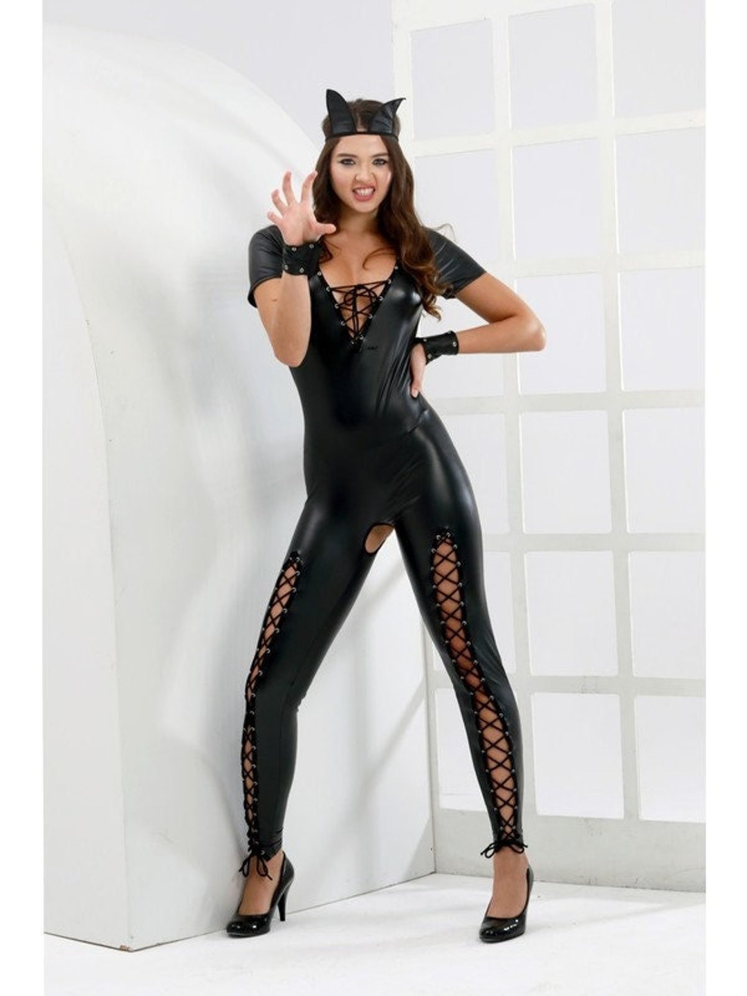 Black Sexy Catsuit With Leather Look Cat Costume Crotchless Catsuit Crotch Lingerie - Etsy