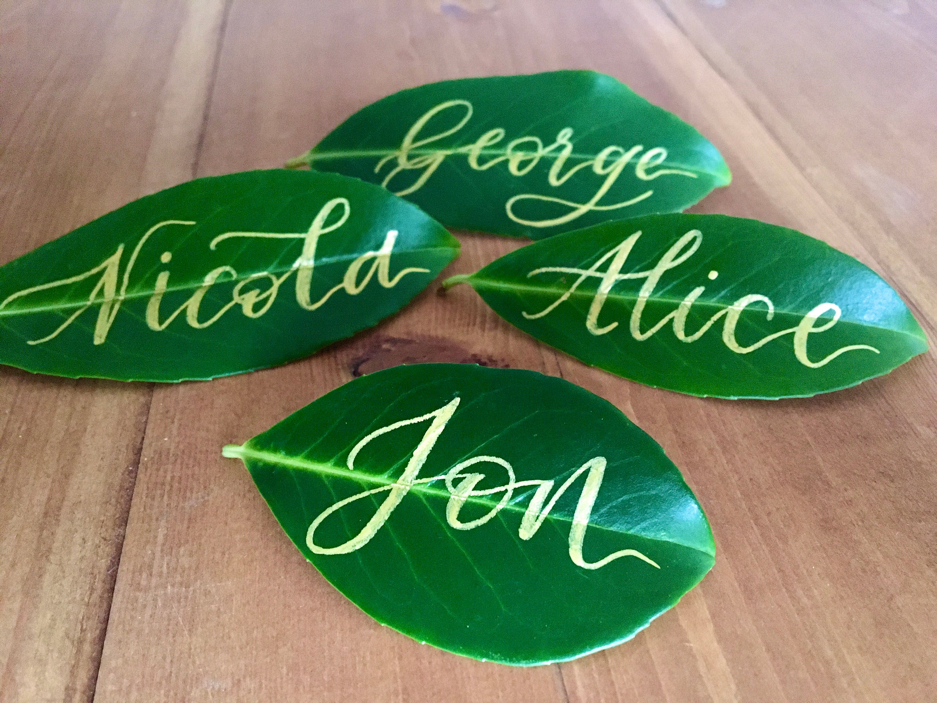 Calligraphy Leaf Place Cards: Real Laurel Leaves, Wedding Place Setting ...