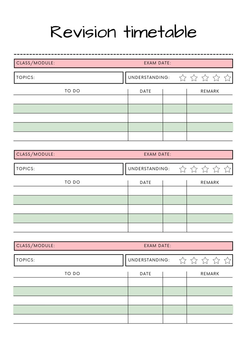 Exam Revision Timetable - Etsy