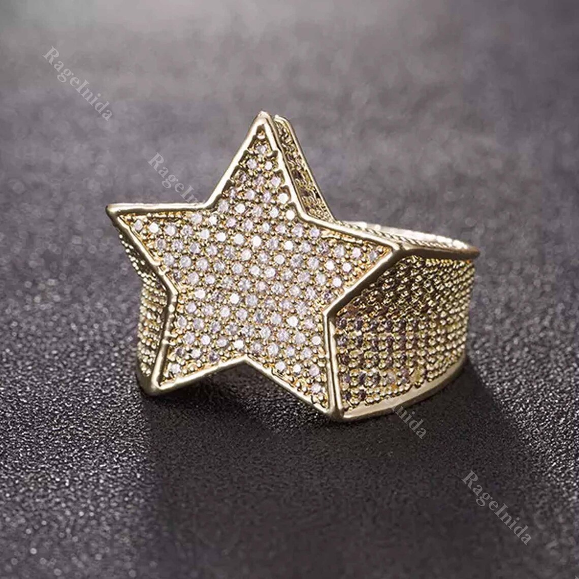 Ice Out Star Shape Ring, Round Diamond Fully Ice Out Ring, 925 Sterling ...