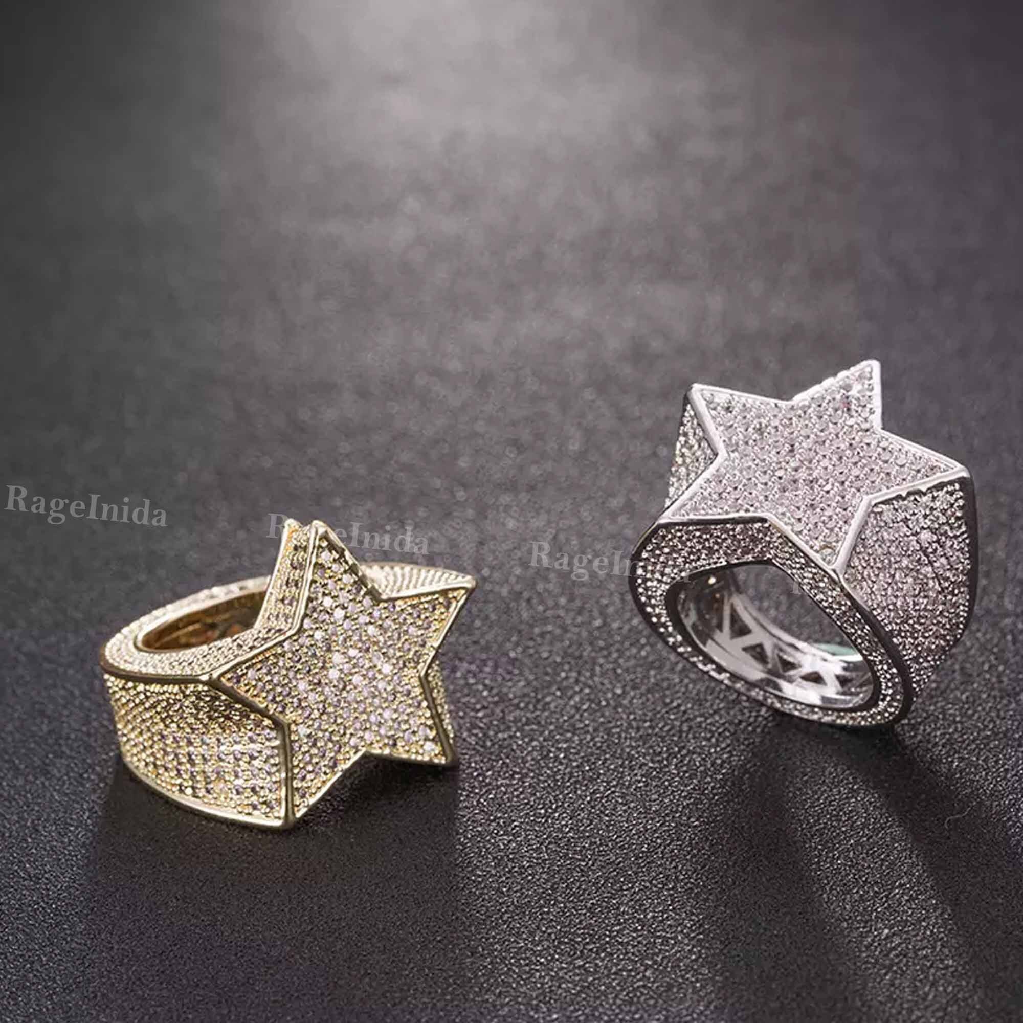 Ice Out Star Shape Ring, Round Diamond Fully Ice Out Ring, 925 Sterling ...