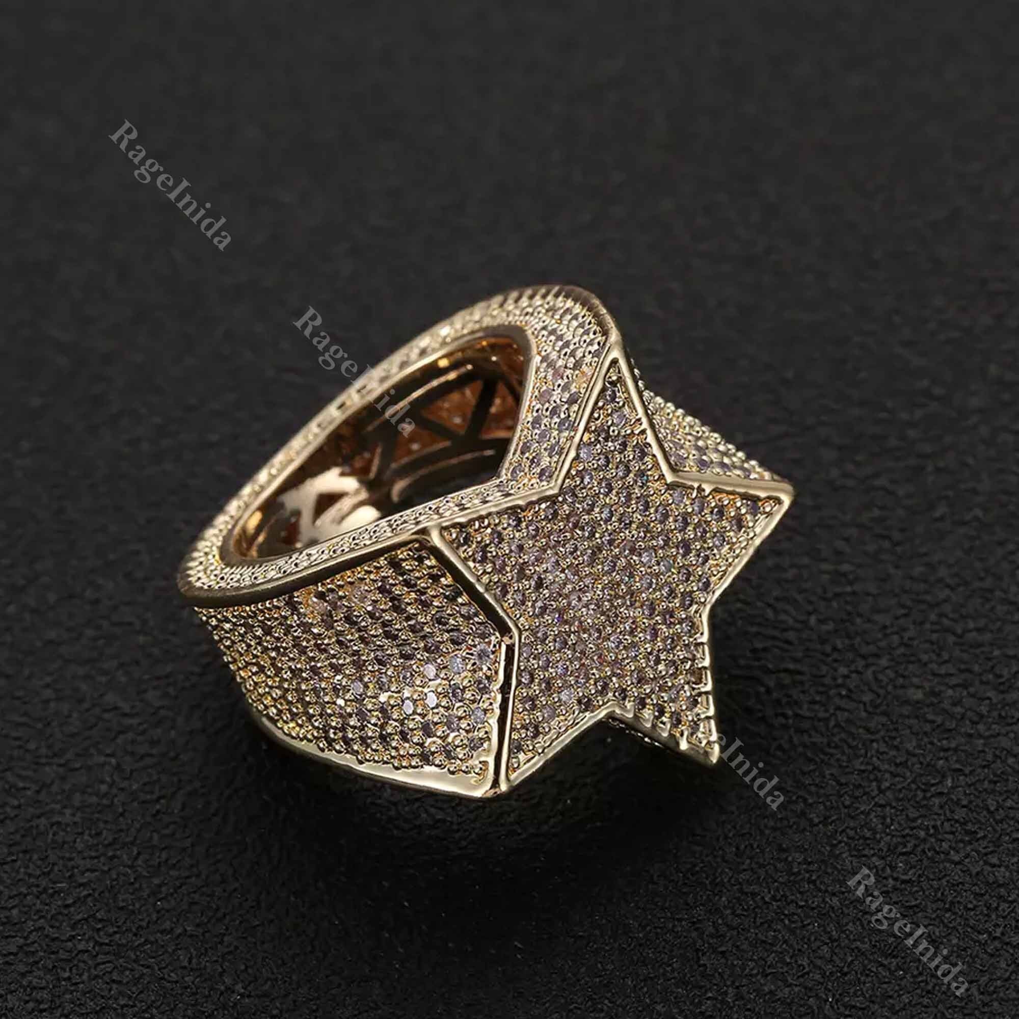 Ice Out Star Shape Ring, Round Diamond Fully Ice Out Ring, 925 Sterling ...