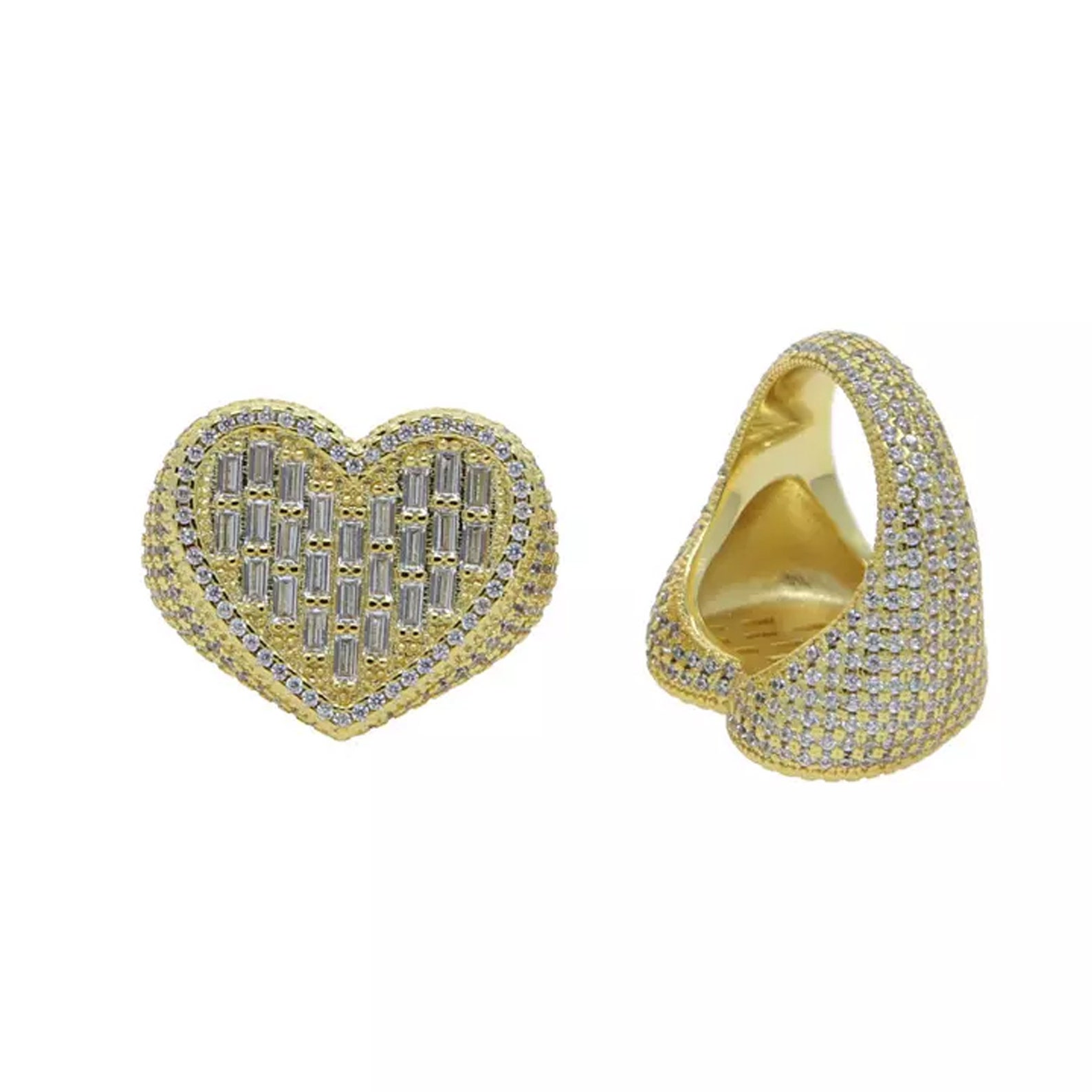 Ice Out Heart Ring, Baguette Stone Fully Ice Out Ring, 925 Sterling ...