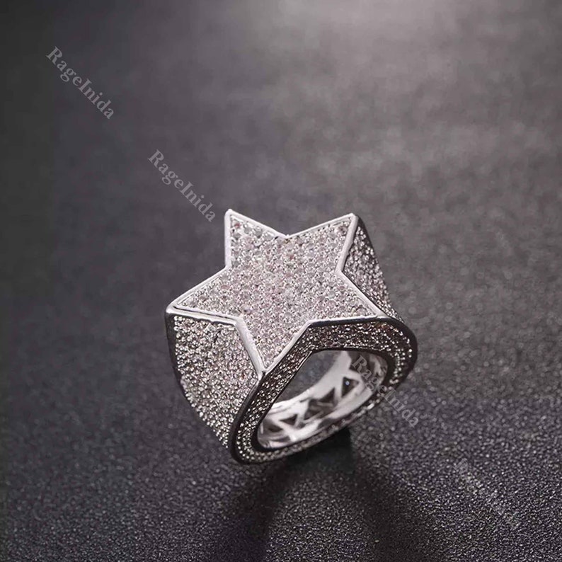 Ice Out Star Shape Ring, Round Diamond Fully Ice Out Ring, 925 Sterling ...