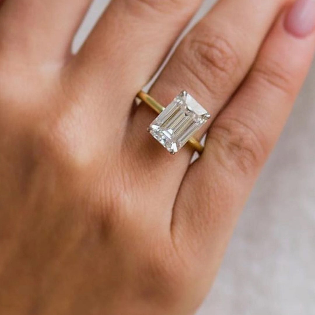 4 Ct Emerald Cut Moissanite Engagement Ring, Solitaire Hidden Halo Ring, Moissanite Wedding Ring ...