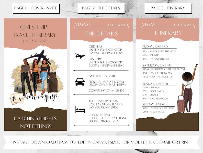 Boho GIRLS TRIP ITINERARY Template for Black Girls Mobile - Etsy