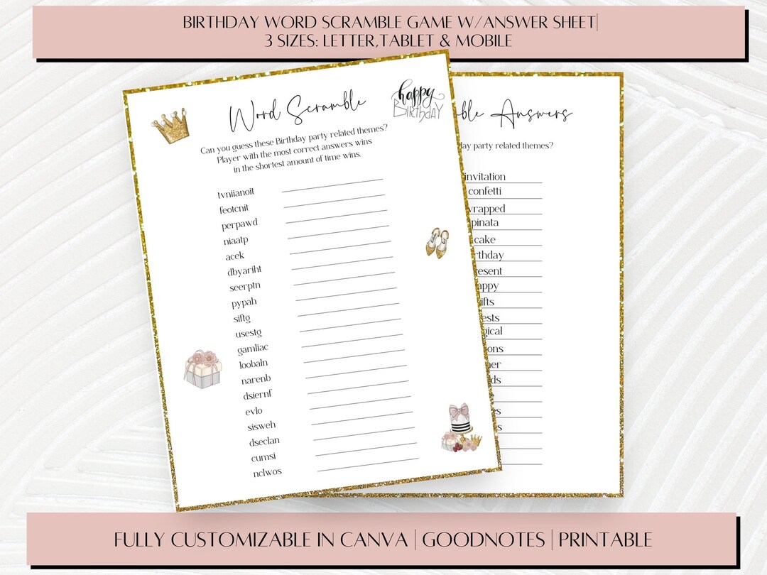 Birthday Word Scramble Game With Answers Included, Birthday Party Games ...