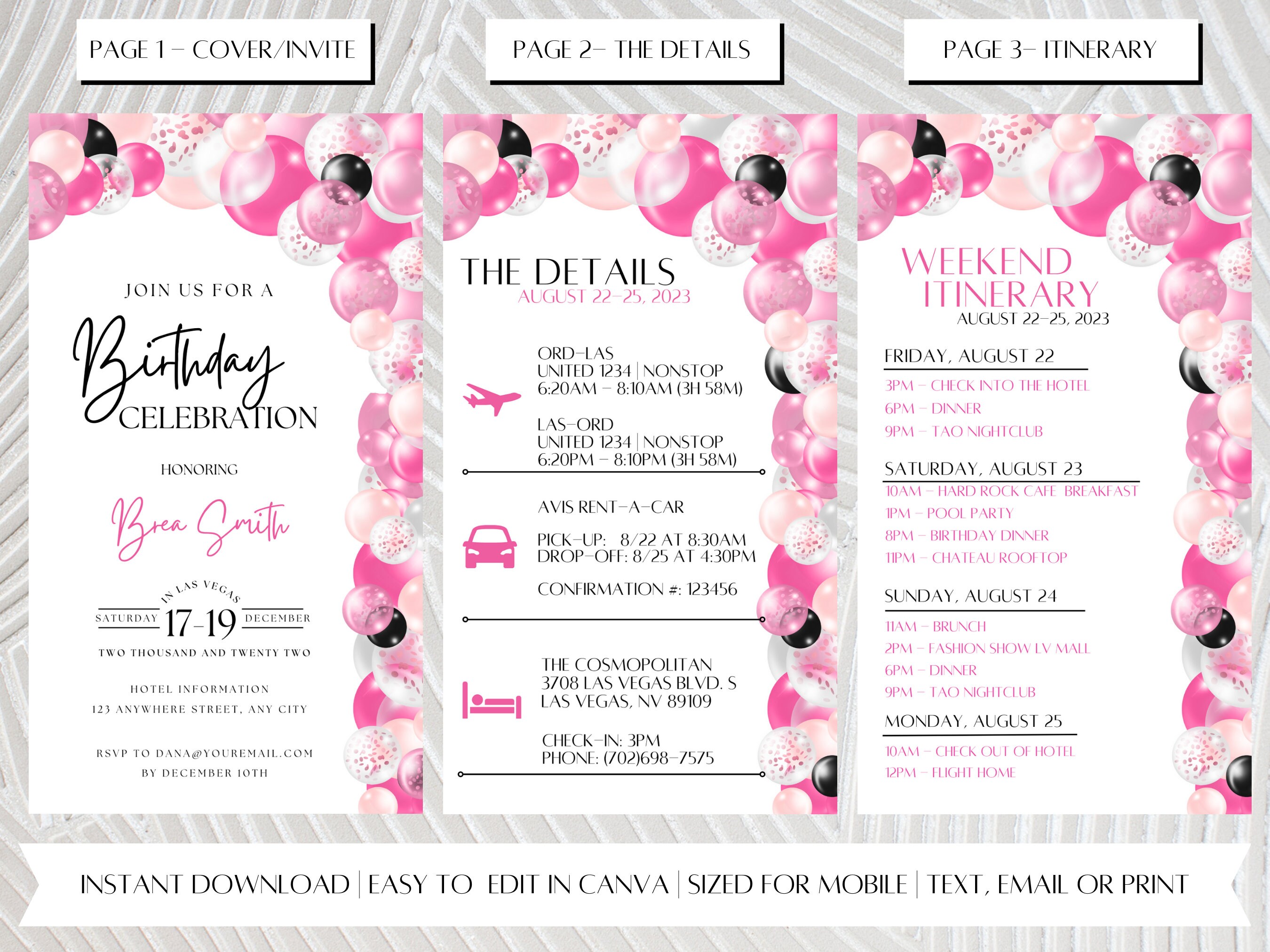 BIRTHDAY TRIP Itinerary Pink Black Balloon Garland Mobile - Etsy