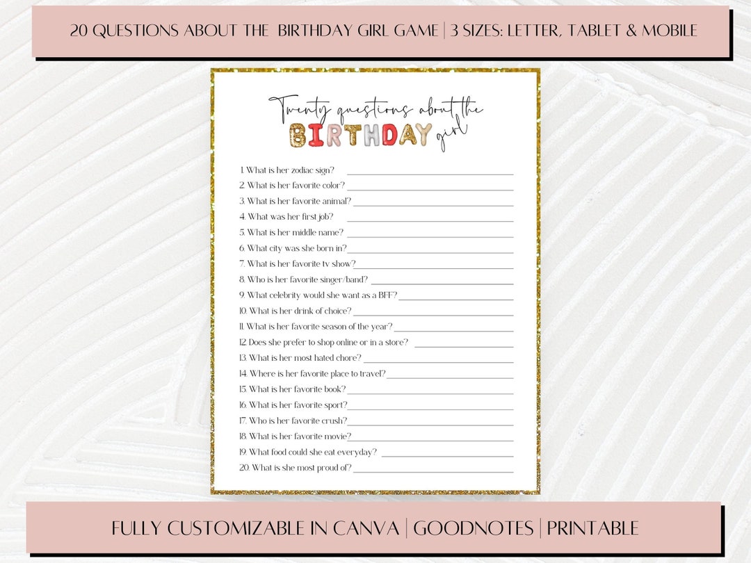 Twenty Questions About the Birthday Girl Game, Birthday Party Games ...