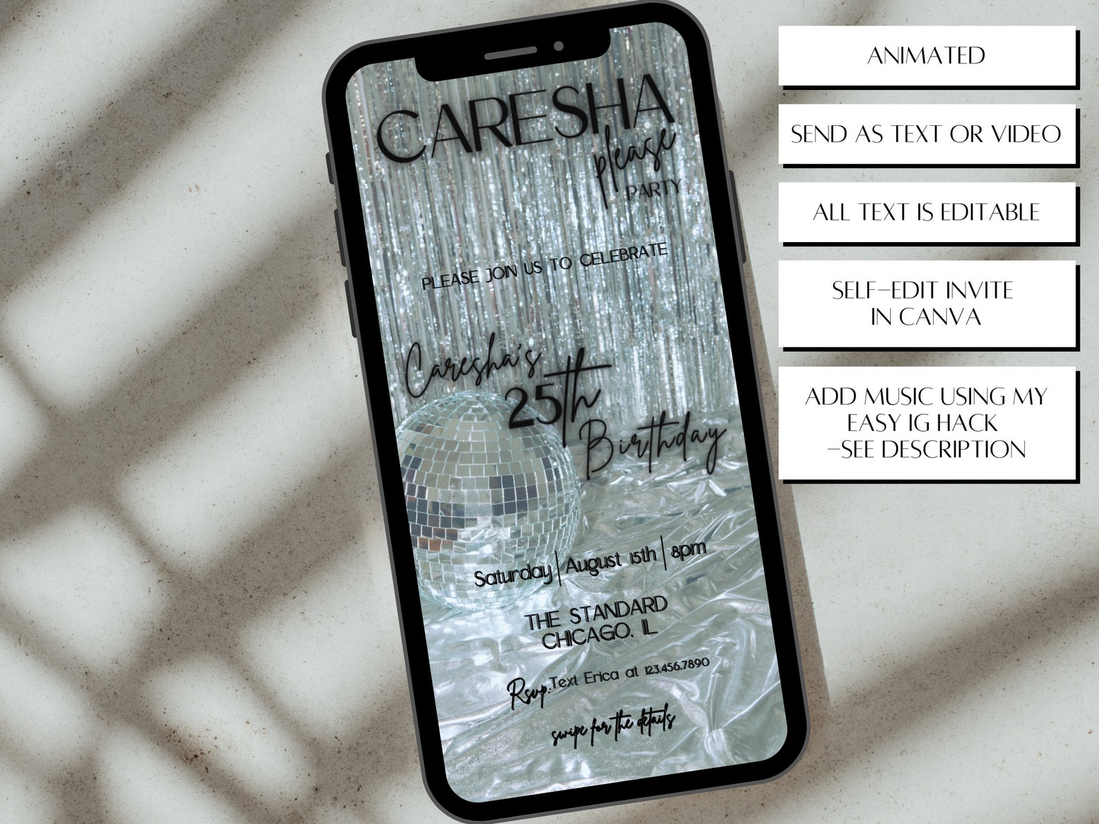 Caresha Please Birthday Party Invitation: Silver & Black (editable ...