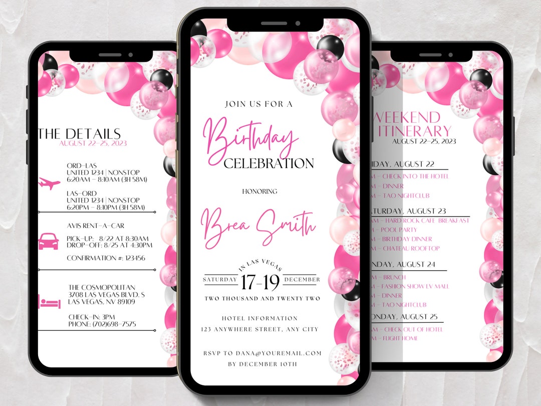 BIRTHDAY TRIP Itinerary, Pink Black Balloon Garland Mobile Itinerary ...