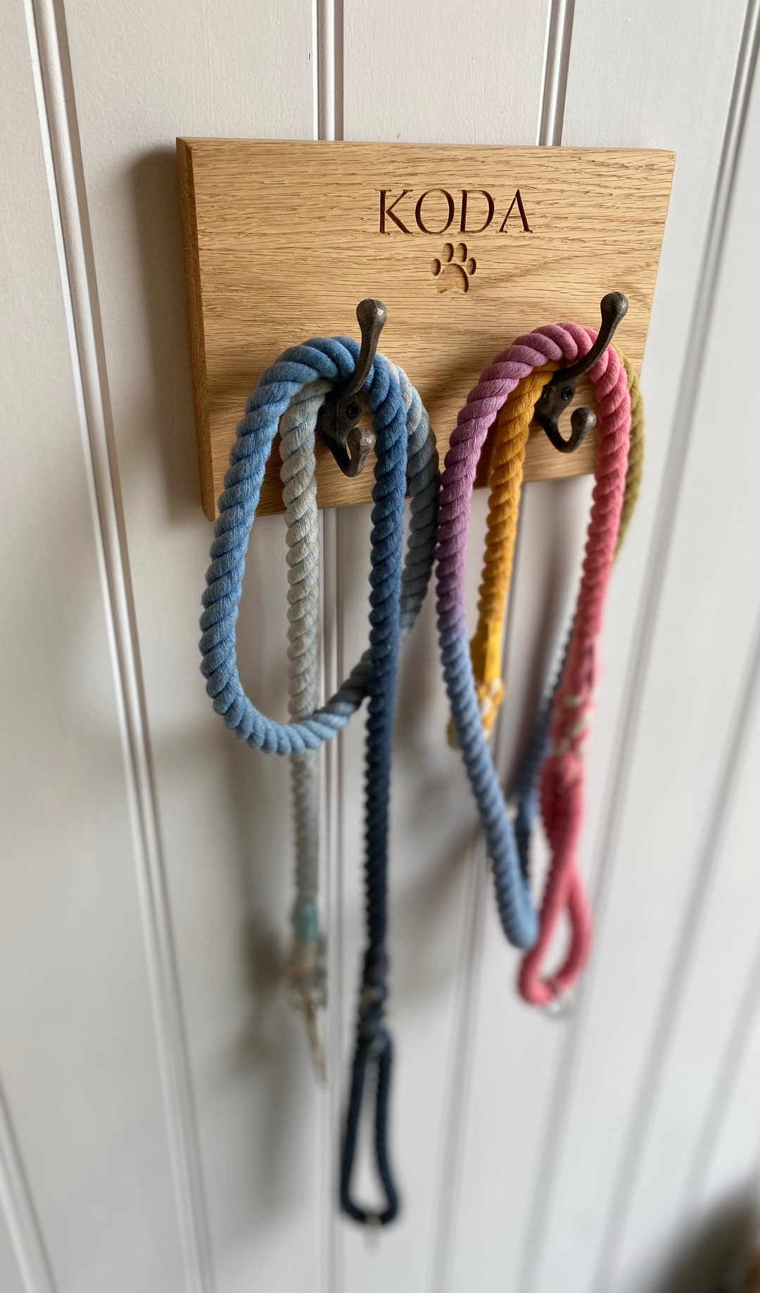 Personalised Oak Double Hook Dog Lead Hanger | Handmade Dog Lead Hook ...
