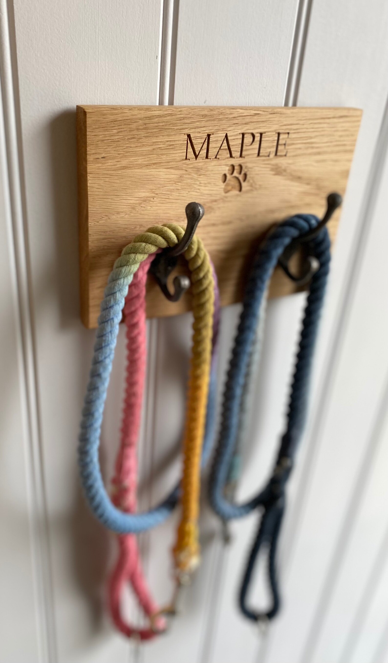 Personalised Oak Double Hook Dog Lead Hanger | Handmade Dog Lead Hook ...