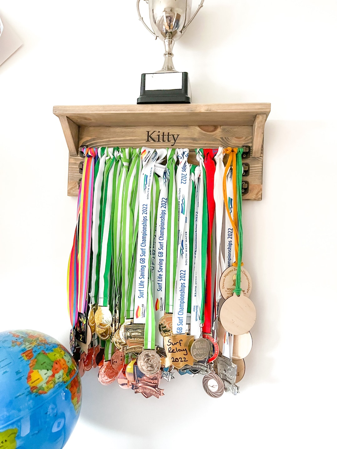 Personalised Pine Medal Display Rail With Shelf| Engraved Medal Hanger ...