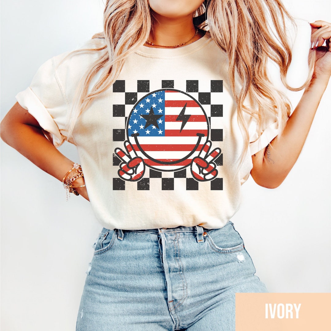 Comfort Colors Happy Face Checkered Blue & Red Shirt, 4th of July Shirt, Memorial Day, Flag ...