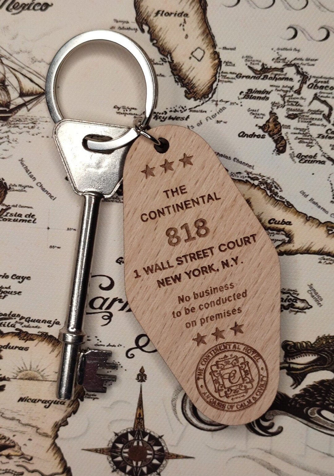 John Wick Continental Hotel Vintage Style Wooden Key Fob Laser Engraved ...