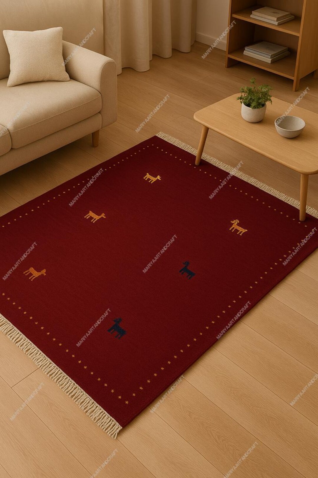 Hand Loom Blood Red Colour Vintage Design, Handmade Woolen Rugs for ...