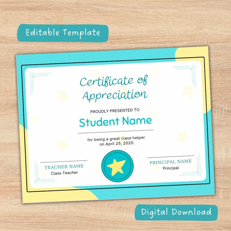 Student Certificate of Appreciation Template, Editable Canva Digital ...