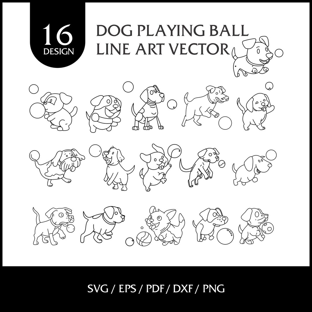 Dog Playing Ball Line Art Vector SVG - Etsy