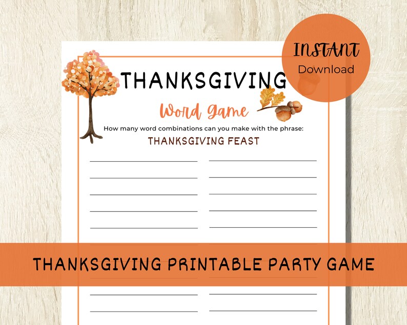 Word Game Thanksgiving Printable Party Game, Thanksgiving Trivia Game ...