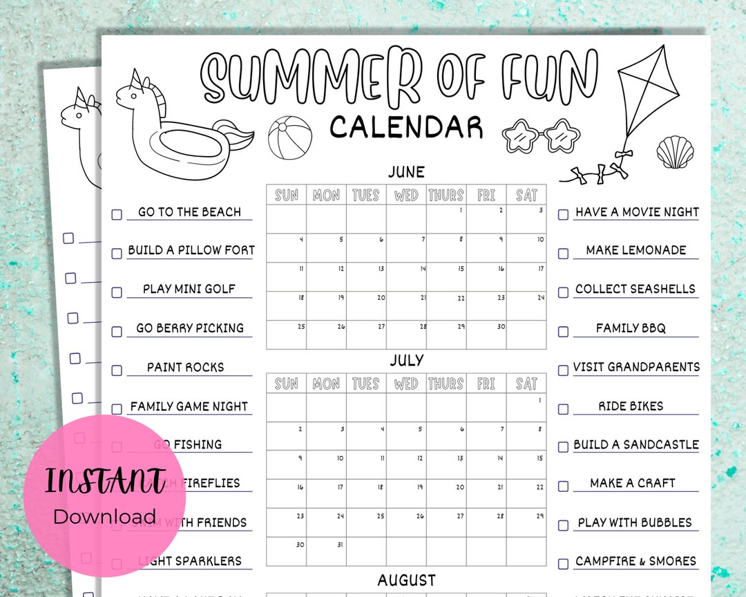 Printable Summer Calendar Poster, Summer Poster, Summer Bucket List ...