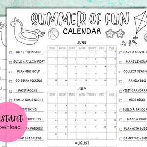 Printable Summer Calendar Poster, Summer Poster, Summer Bucket List ...