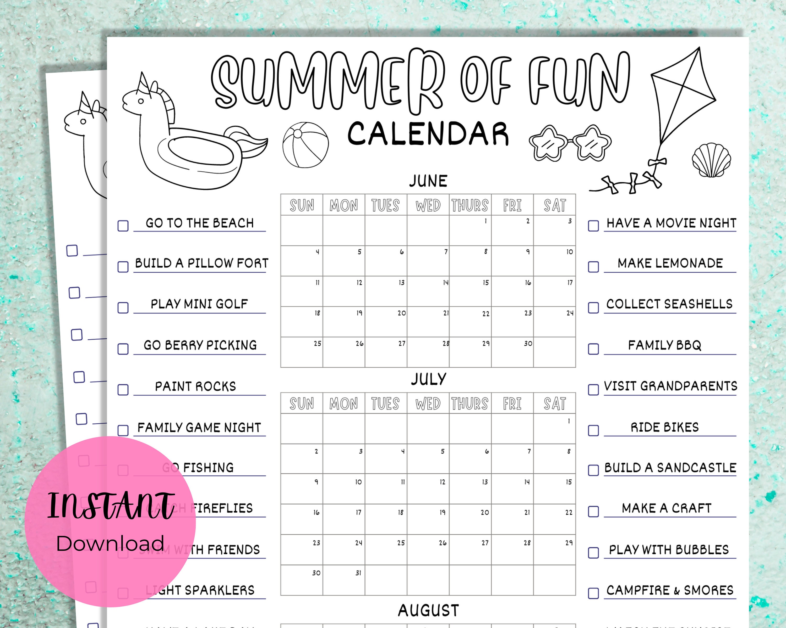 Printable Summer Calendar Poster, Summer Poster, Summer Bucket List ...