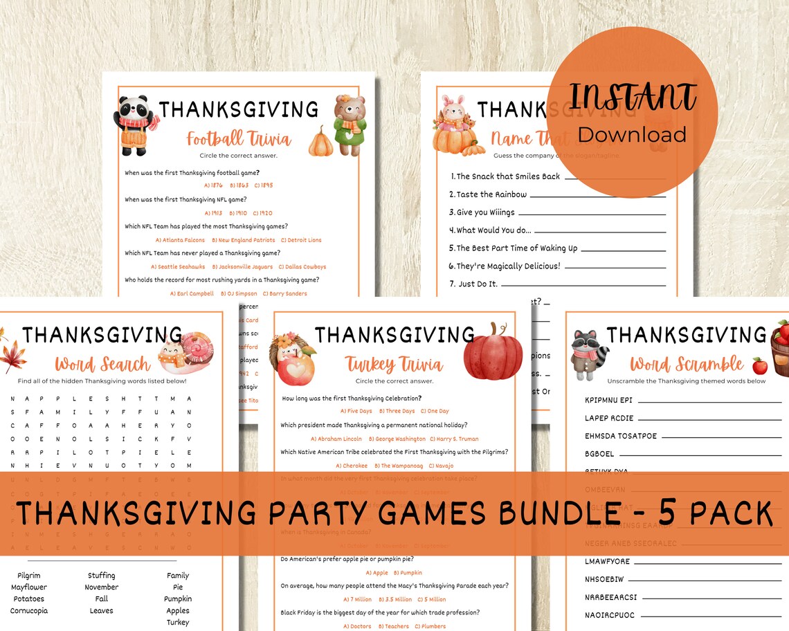 Thanksgiving Game Bundle, 5 Thanksgiving Printable Party Games, Family ...