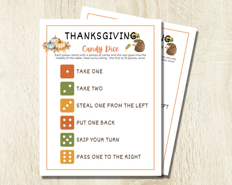 Candy Dice Thanksgiving Printable Party Game Thanksgiving - Etsy