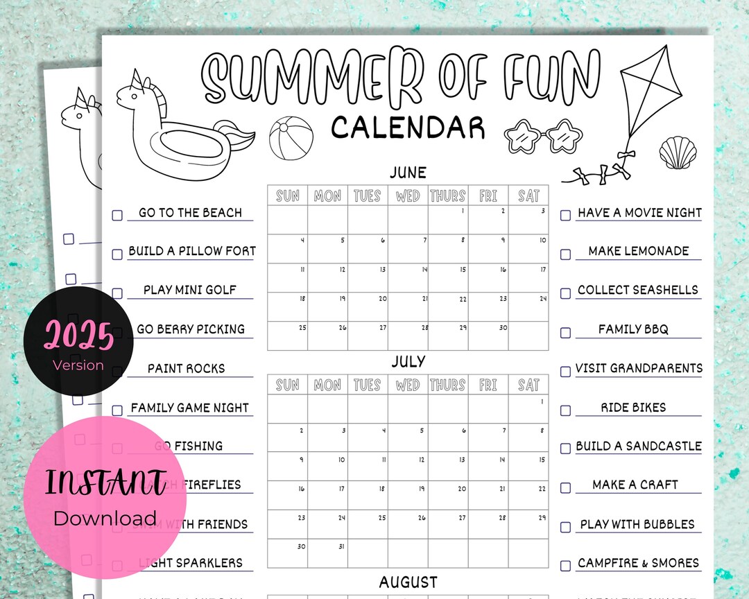 2025 Printable Summer Calendar Poster, Summer Poster, Summer Bucket ...