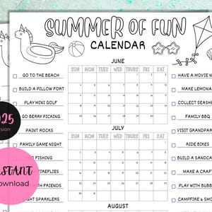 2025 Printable Summer Calendar Poster, Summer Poster, Summer Bucket ...