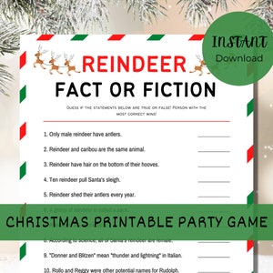 Christmas Printable Reindeer Fact or Fiction Party Game, Family ...
