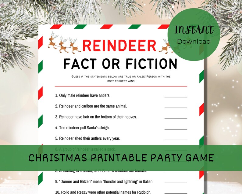 Christmas Printable Reindeer Fact or Fiction Party Game, Family ...