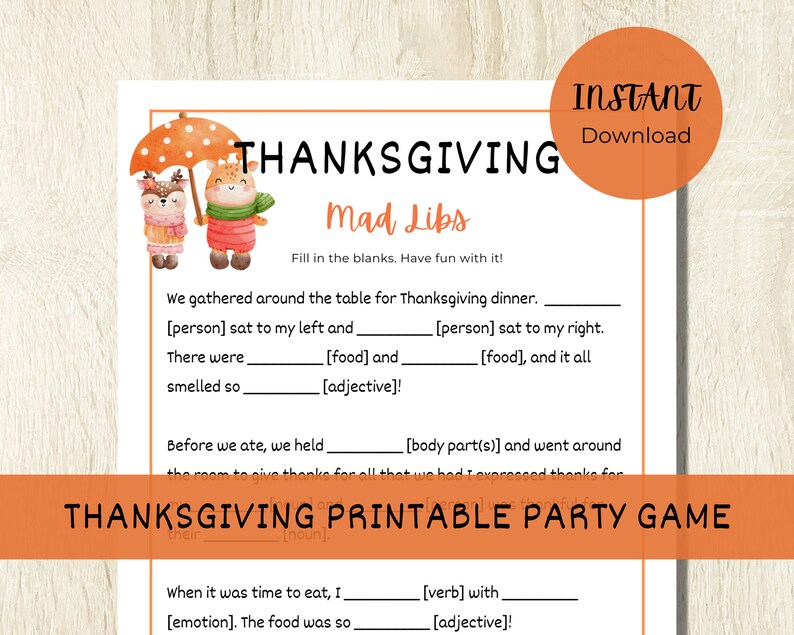 Mad Libs Thanksgiving Printable Party Game, Thanksgiving Trivia Game ...