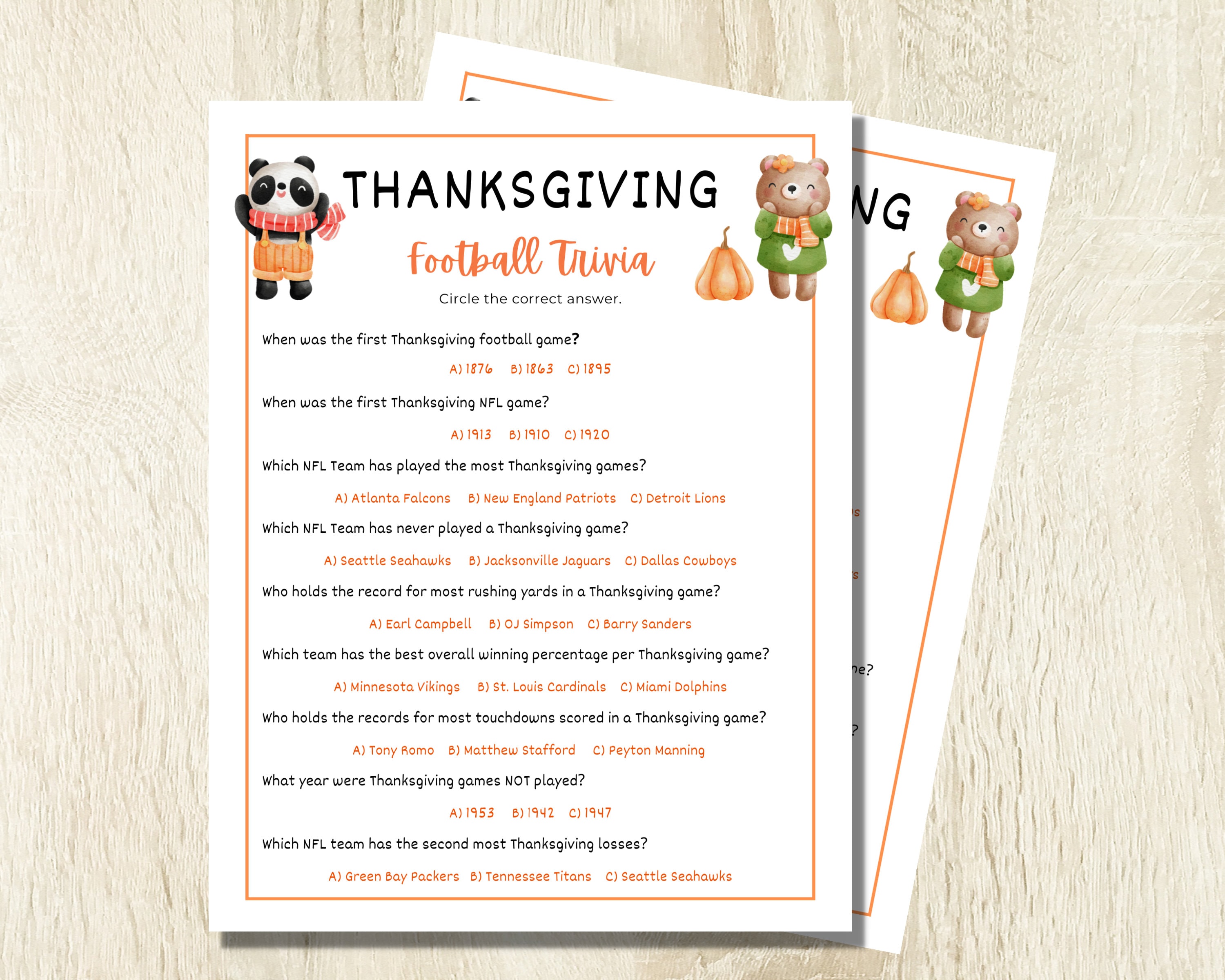 Football Trivia Thanksgiving Printable Party Game, Thanksgiving Trivia ...