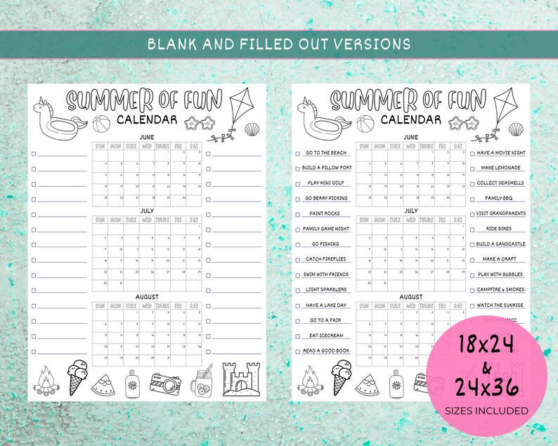 Printable Summer Calendar Poster, Summer Poster, Summer Bucket List ...