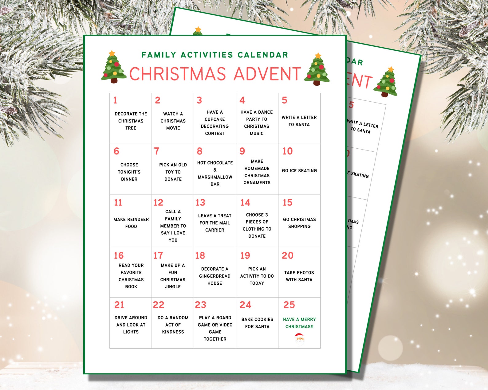 Christmas Printable Advent Calendar, Family Advent Calendar PDF ...