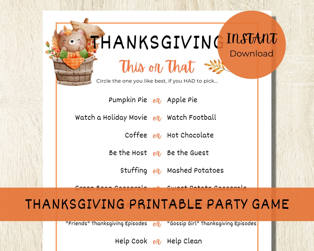 This or That Thanksgiving Printable Party Game, Thanksgiving Trivia ...
