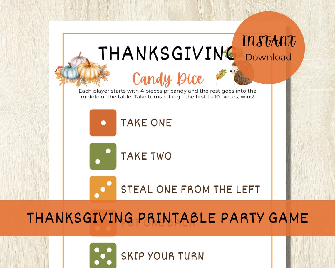 Candy Dice Thanksgiving Printable Party Game Thanksgiving - Etsy