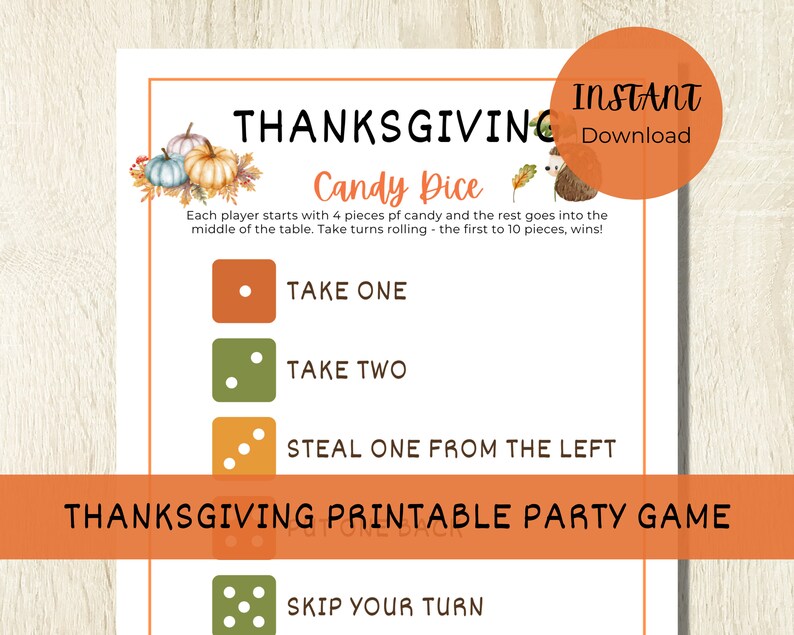 Candy Dice Thanksgiving Printable Party Game Thanksgiving - Etsy