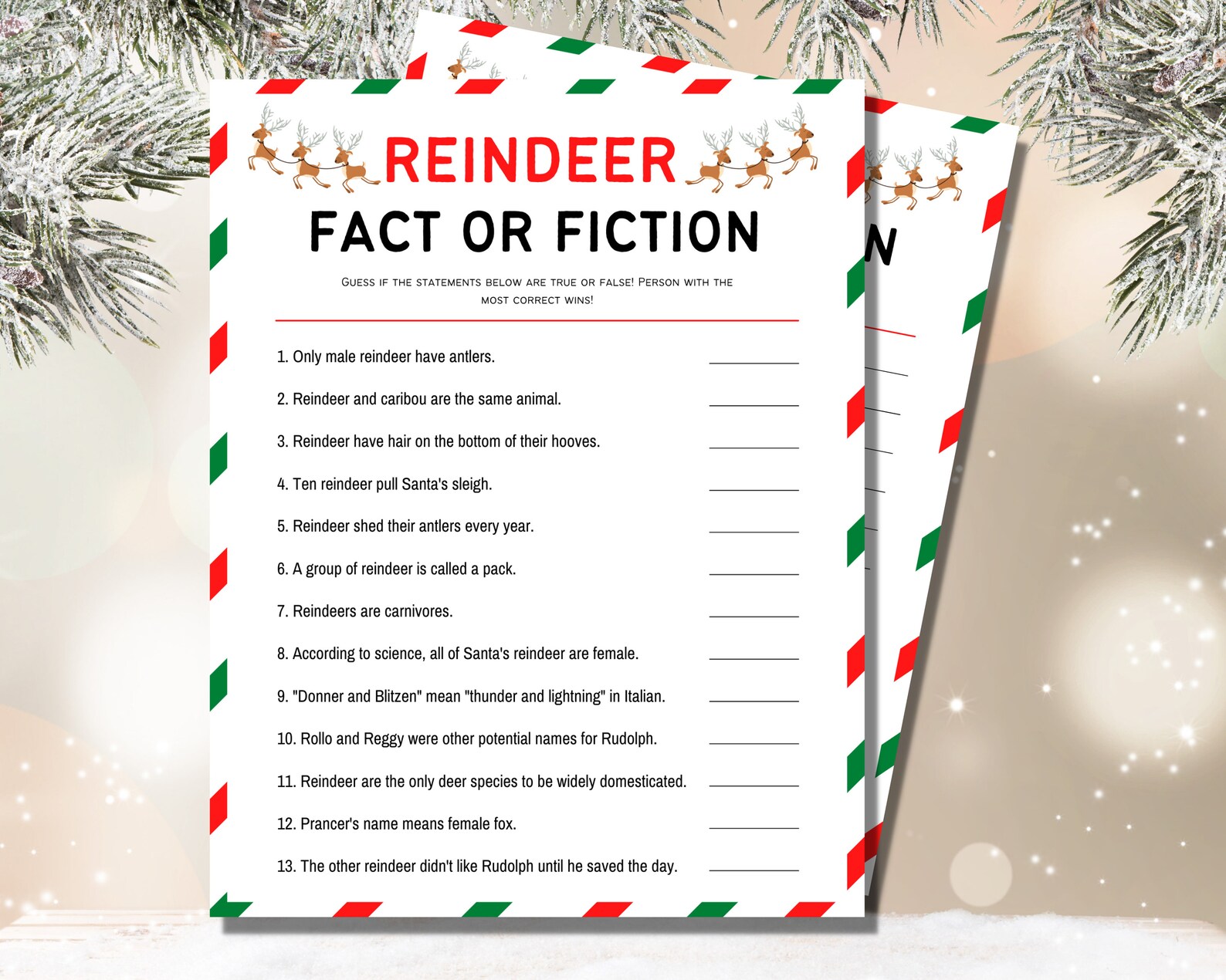 Christmas Printable Reindeer Fact or Fiction Party Game, Family ...